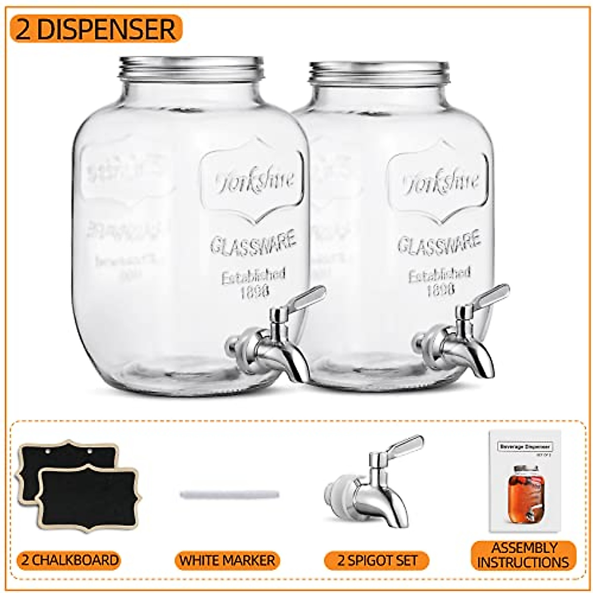 1-Gallon Glass Beverage Dispenser with Stainless Steel Spigot - [2 Pack] Drink Dispensers for Parties - Mason Jar Drinking Dispenser with Lid, Wooden Chalkboard