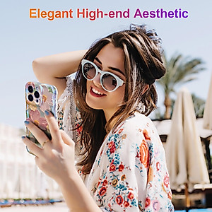 EYZUTAK Case for iPhone 14 Pro Max, Colorful Retro Oil Painting Printed Flower Laser Glossy Pattern Cute Curly Wave Edge Exquisite Stylish Durable TPU Protective Phone Cover for Girls Women-Green
