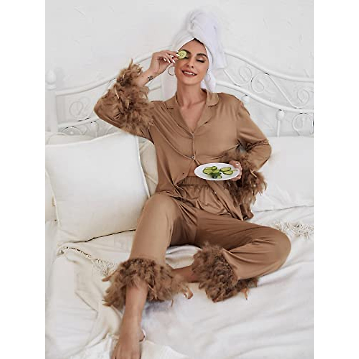 WDIRARA Women's Sleepwear 2 Piece Fuzzy Trim Button Down Long Sleeve and Pants Pj Set Camel M