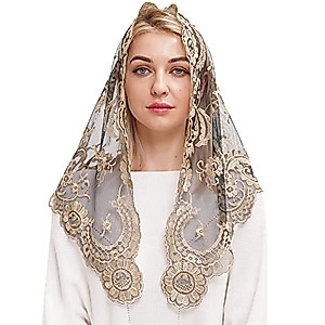 Spanish Mantilla Embroidery Lace Veils Catholic Church Mantillas Chapel Scarf Lace Mass (black and gold), 120cm*60cm