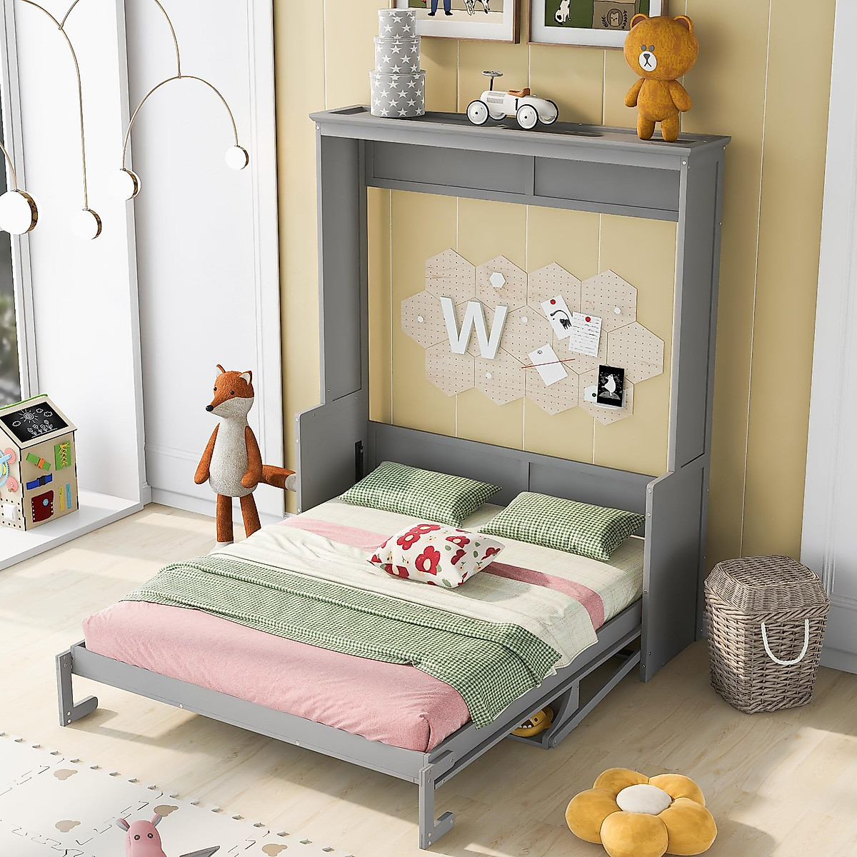 Harper & Bright Designs Queen Size Murphy Bed with a Storage Shelf, Space-Saving Wall Bed for Multipurpose Guest Room or Home Office - Gray