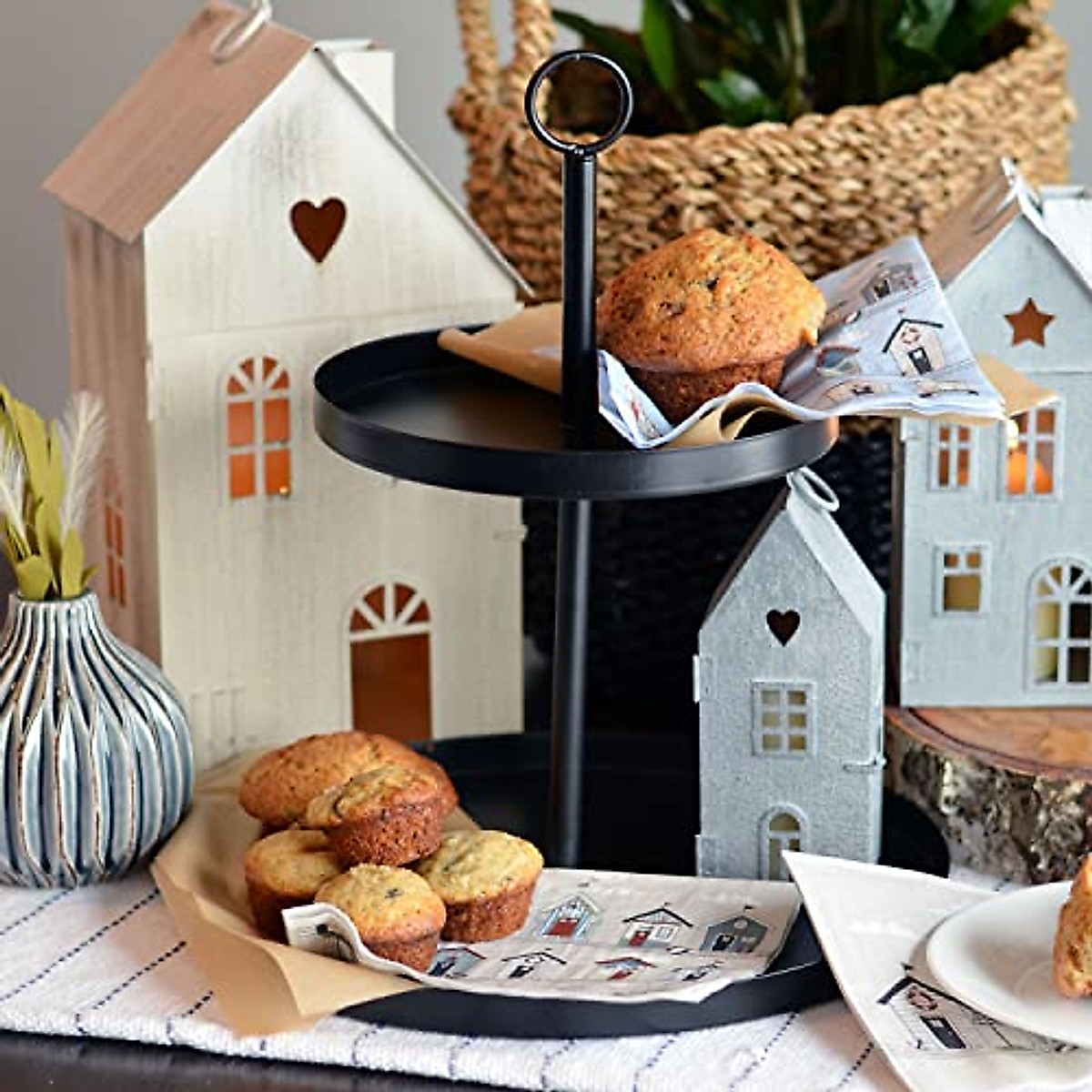 Round 2 Tier Stand, Cake Display Trays, Modern Scandinavian Style, Black, Metal, Loop Handle, 11.75 D x 12.5 H inches, 1.75 lbs.