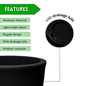 Elly Décor 12 inch Planter for Garden with Drainage, Large Round, Lightweight & Extremely Durable, Deck Indoor/Outdoor Plastic Pot, 12"x12"x7", Black