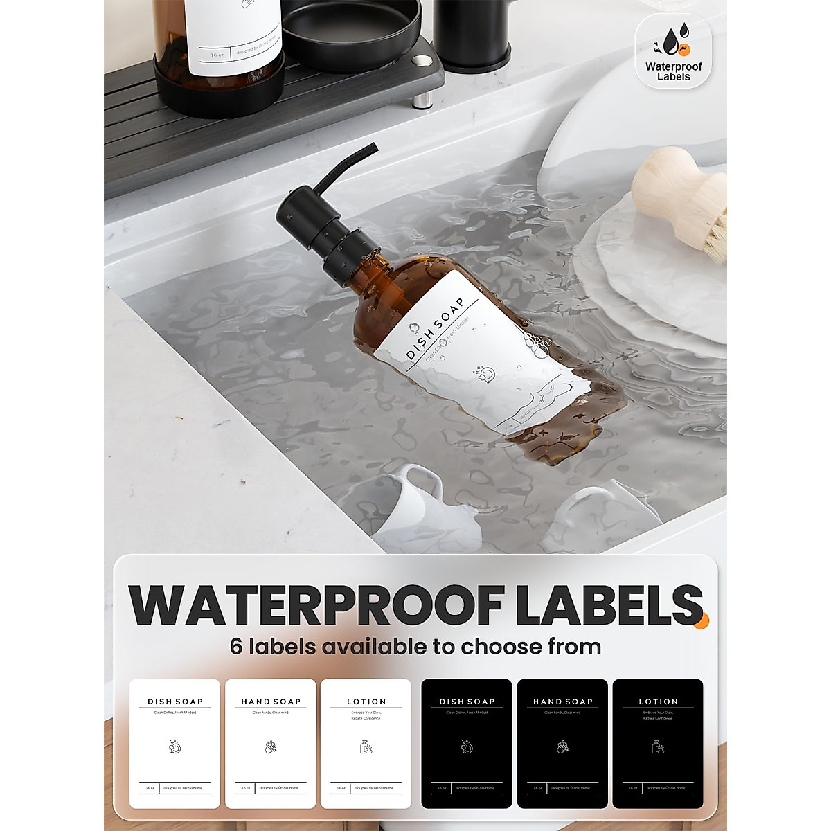 [Luxury] Kitchen Soap Dispenser Set - 16OZ Amber Glass Bottle, Stainless Steel Pump, Instant Dry Tray, Waterproof Labels, Non-Slip Silicone Pad, and Dish Brush | Upgrade for Your Kitchen and Bathroom