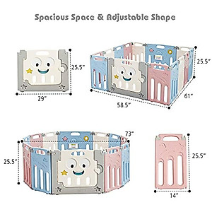 Costzon Foldable Baby Playpen, 14-Panel Baby Play Yards with Lock Door & Anti-Slip Rubber Bases, Indoor Outdoor Safety Baby Fence with Adjustable Shape for Children Toddlers (14 Panel, Multicolor)