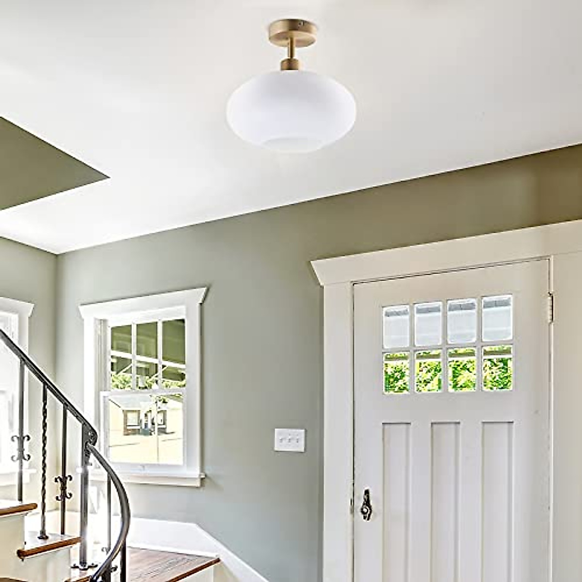 NW Archiology Semi Flush Mount, Modern Ceiling Light with Opaline Glass Shade&Brass Metal Base Layer, Light Fixture for Dining Room, Bedroom, Cafe, Bar, Hallway, Passway