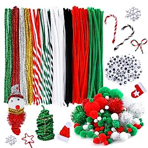 Caydo Christmas Pipe Cleaners Set, Including 120PCS Christmas Pipe Cleaners, 6 Sizes Pom Poms and 4 Sizes Wiggle Eyes for Kids DIY Arts & Crafts Projects and Christmas Decorations