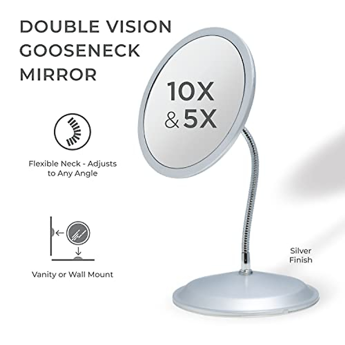 Double Vision™ Gooseneck Vanity/Wall Mount Mirror 5X/10X Magnification, Made in the USA