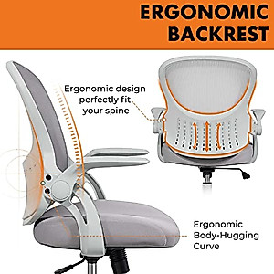 Sweetcrispy Task Swivel Rolling Lumbar Support/Flip-up Arms, Study, Bedroom Adjustable Height Home Office Desk Ergonomic Mesh Computer Chair, Grey
