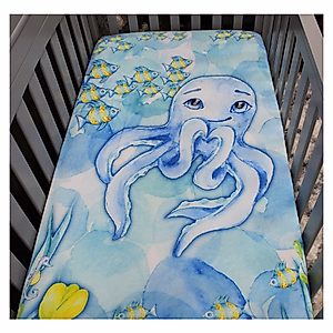 Dear Baby Gear Deluxe Crib Sheet Cotton Polyester Baby Crib Sheets, Soft Machine-Washable Crib Mattress Sheet - Octopus Under The Sea Ocean Bubbles and Sea Creatures, 52"x28"x10"