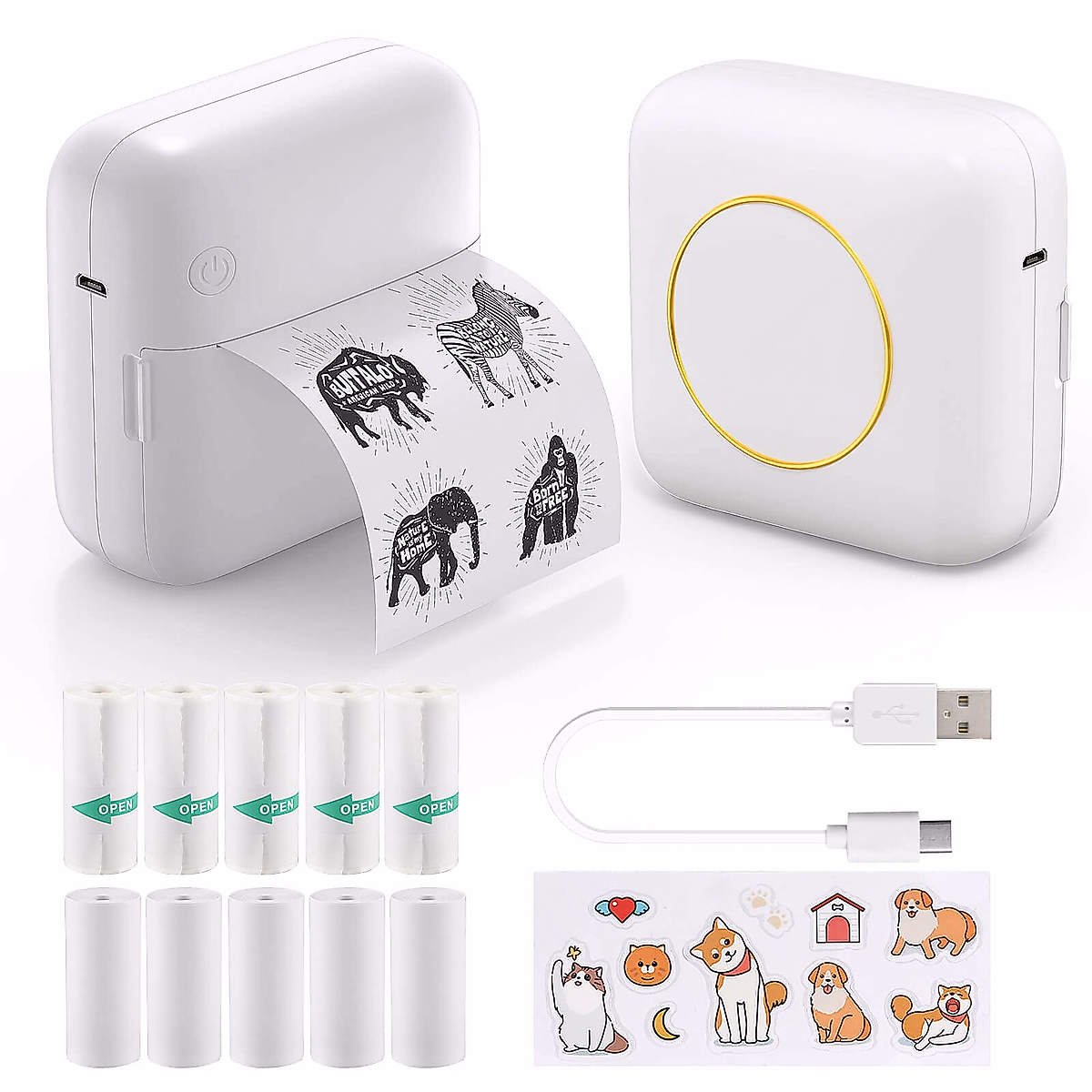 Mini Printer Portable Bluetooth-compatible Photo Printer with 10 Rolls Paper, Inkless Pocket Printer for iPhone Thermal Sticker Maker Machine Label Printer for Receipt Picture Notes Study Home Office