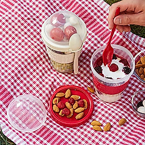 Crystalia Yogurt Parfait Cups with Lids, Breakfast On the Go Plastic Bowls with Topping Cereal Oatmeal or Fruit Container, Snack Cup and Spoon for Lunch Box, Portable & Reusable, 2PCs (Red and Cream)