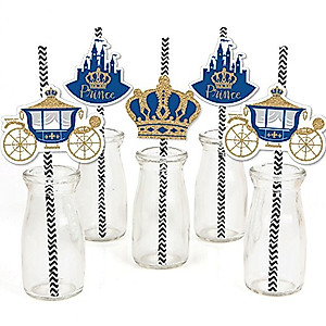 Royal Prince Charming - Paper Straw Decor - Baby Shower or Birthday Party Striped Decorative Straws - Set of 24