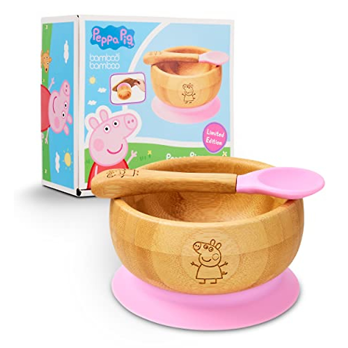 Peppa Pig Suction Bowl for Baby – Bamboo Baby Bowl and Spoon Set with Removable Silicone Suction Cup for Kids | 12oz | Non-Toxic | Cool to The Touch | Ideal for Baby-Led Weaning (Peppa Pig)