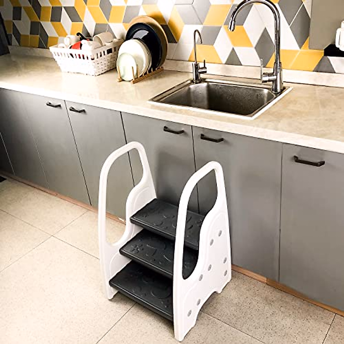 3 Step Stool for Toddler,Kids Three Step Stool for Bathroom Sink or Kitchen Counter Standing Tower, Children Step Up Learning Helper with Safety Handles and Non-Slip Pads,Grey