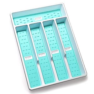 Joequality Silverware Organizer with Icons，Plastic Cutlery silverware Tray for Drawer，Utensil Flatware Tableware Organizer for Kitchen with Non-slip TPR,Fits Standard Drawer,5-Compartment，Mint