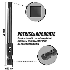 NAUIX Square Drill Bit Set (10pcs - 3 Inch Long S2 Steel Magnetic Heads) 1/4 Inch Hex Shank Square Screwdriver Bit Set Sizes SQ0 SQ1 SQ2 SQ3 SQ4 (2 of Each Size)