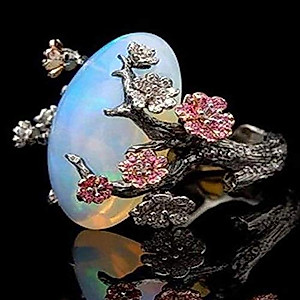 shiYsRL Exquisite Jewelry Ring Love Rings Vintage Women Faux Opal Plum Blossom Flower Two Tone Finger Ring Jewelry Gift Wedding Band Best Gifts for Love with Valentine's Day - US 6