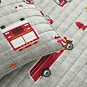 Lush Decor Fire Truck Quilt 4 Piece Set, Full/ Queen, Red & Gray - Reversible Stripe Print Bedding Set for Kids Room