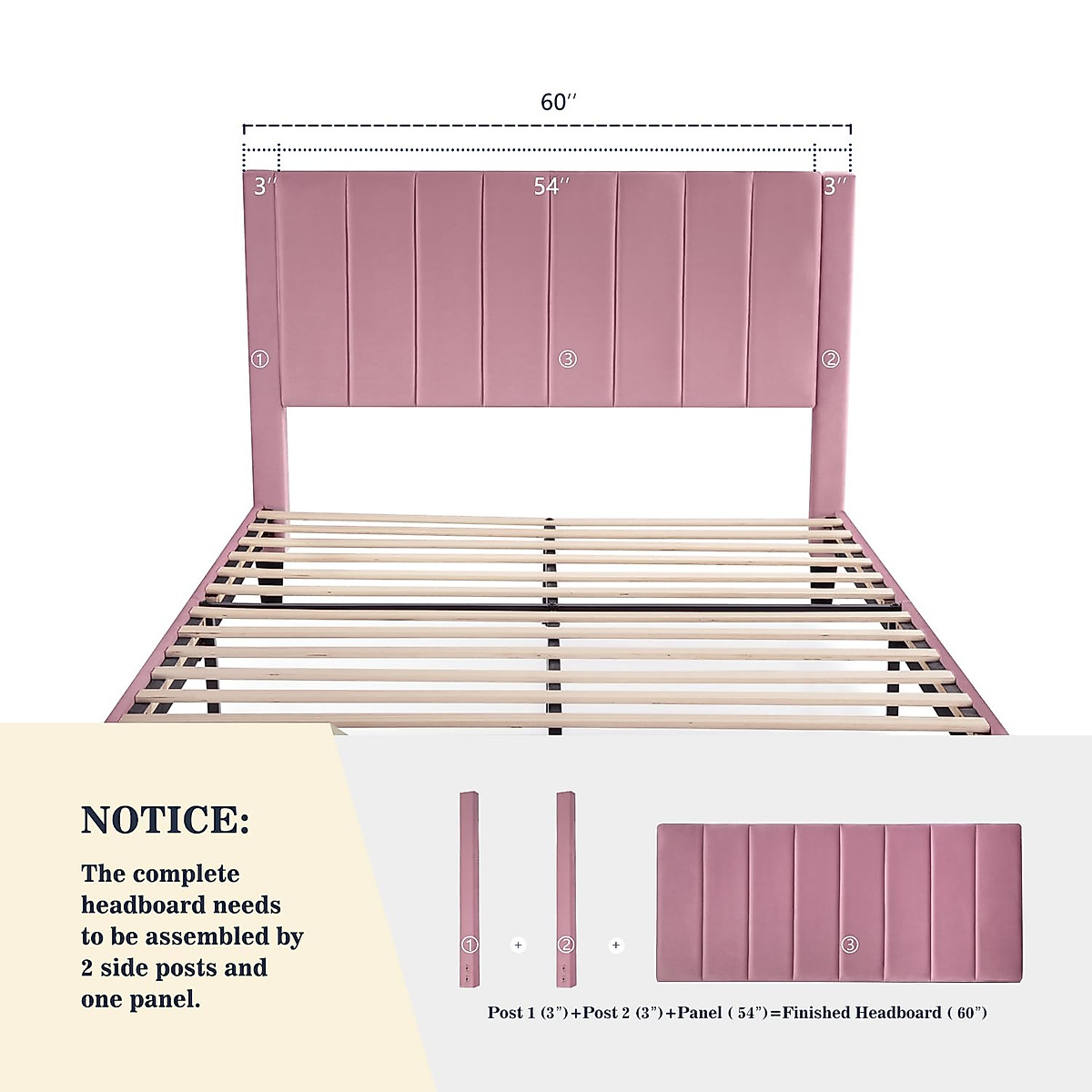 Allewie Queen Bed Frame/Velvet Upholstered Bed Frame with Vertical Channel Tufted Headboard/Strong Wooden Slats/Platform Bed Frame/Mattress Foundation/Box Spring Optional/Easy Assembly/Pink