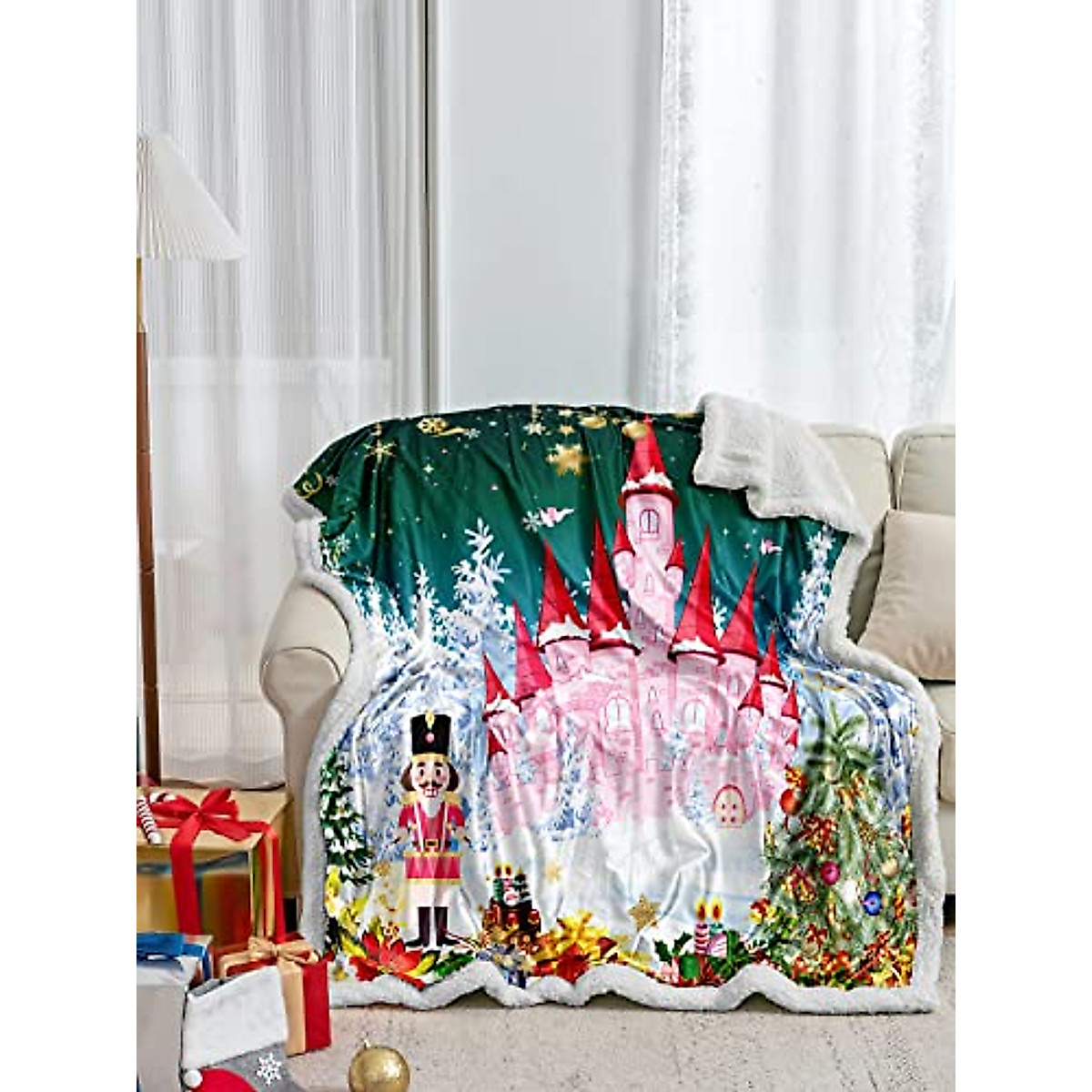 YIJIN Christmas Reversible Sherpa Fleece Blanket All Seasons Cozy,Cartoon Castle Winter Snowflakes Throw Blanket, Ultra Soft Warm Patterned Plush Blanket,Throw Size