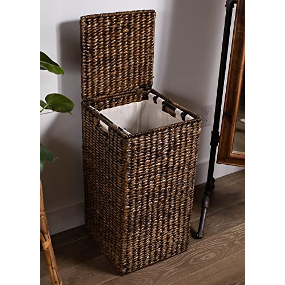 BIRDROCK HOME Single Laundry Hamper with Liner and Lid - Brown Wash - Hand Woven Natural Seagrass Fiber - Organize Clothes Storage - Easy Transport - Single Basket - Liner Bag