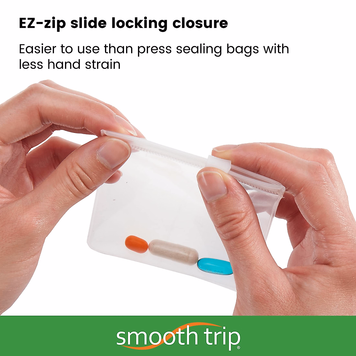 Smooth Trip Certified Food Grade Pill Pouch - Zippered Ultra Clear and Strong BPA Free Bags for Vitamins, Pills, Snacks and Accessories - Larger 3.25 x 3.5" Size (8-Count)