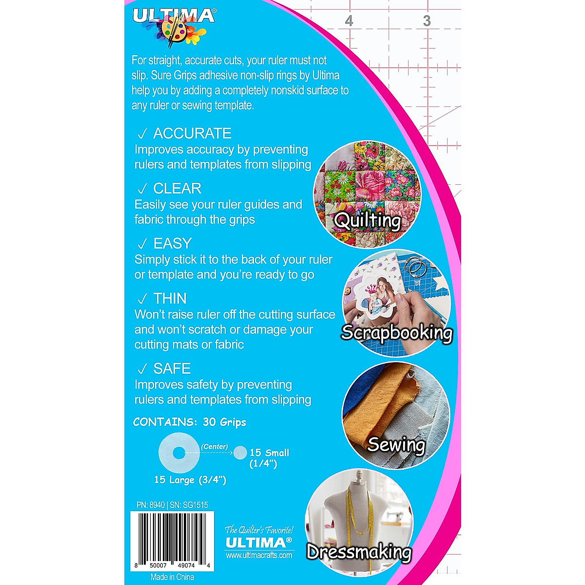 Sure Grips by Ultima – Non-Slip Ruler Grip Rings with 3M Adhesive Backing – Designed for Quilting & Patchworking – Works on Any Ruler – 30 Rings, 15 Large & 15 Small