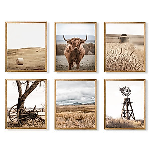 Boho Western Decor - Gift for Cowboy Men Cowgirl - Set of 6 - Highland Cow Pictures Wall Art - Southern Farm House Animal - Old West Ranch Room Decor - Country Print - Rustic Farmhouse Bathroom Poster