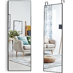 Mirrotek - Full Length Adjustable Over The Door Mirror Black Aluminum Finish - Hanging Instant Install Long Full Body Mirror for Bedroom, Dorm Room