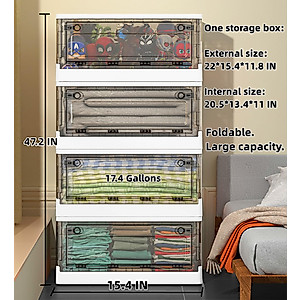 Oneshow Clearance Storage Drawers,4 Tier Plastic Storage Bins,Foldable Stackable Sorage Bins,Tall Plastic Drawers Room Organizers,Large Clothing Storage Bins(4 Pack, Side Open-17.4Gal)