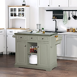 HOMCOM Rolling Kitchen Island with Storage, Kitchen Cart with Stainless Steel Top, Spice Rack & Drawers, Gray