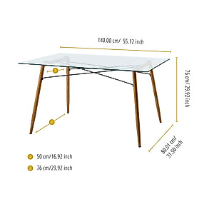 Versanora Minimalista Glass Dining Table Mid-Century Modern Style with Metal Legs for Kitchen Living Room Study Home Office, 30 inch Height, Glass/Wood Grain