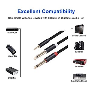 3.5mm 1/8 TRS to Dual 6.35mm 1/4 TS Mono Breakout Cable，(3.3FT) Y Splitter Stereo Cord Adapter Compatible with iPhone, Computer Sound Card, CD Player, Multimedia Speaker, Home Stereo System
