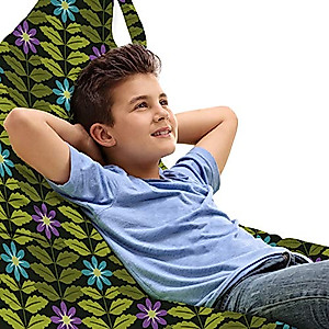 Ambesonne Flowers Lounger Chair Bag, Botanical Theme Blue and Purple Blossoms Motif Symmetrical Leaves, High Capacity Storage with Handle Container, Lounger Size, Charcoal Grey and Multicolor