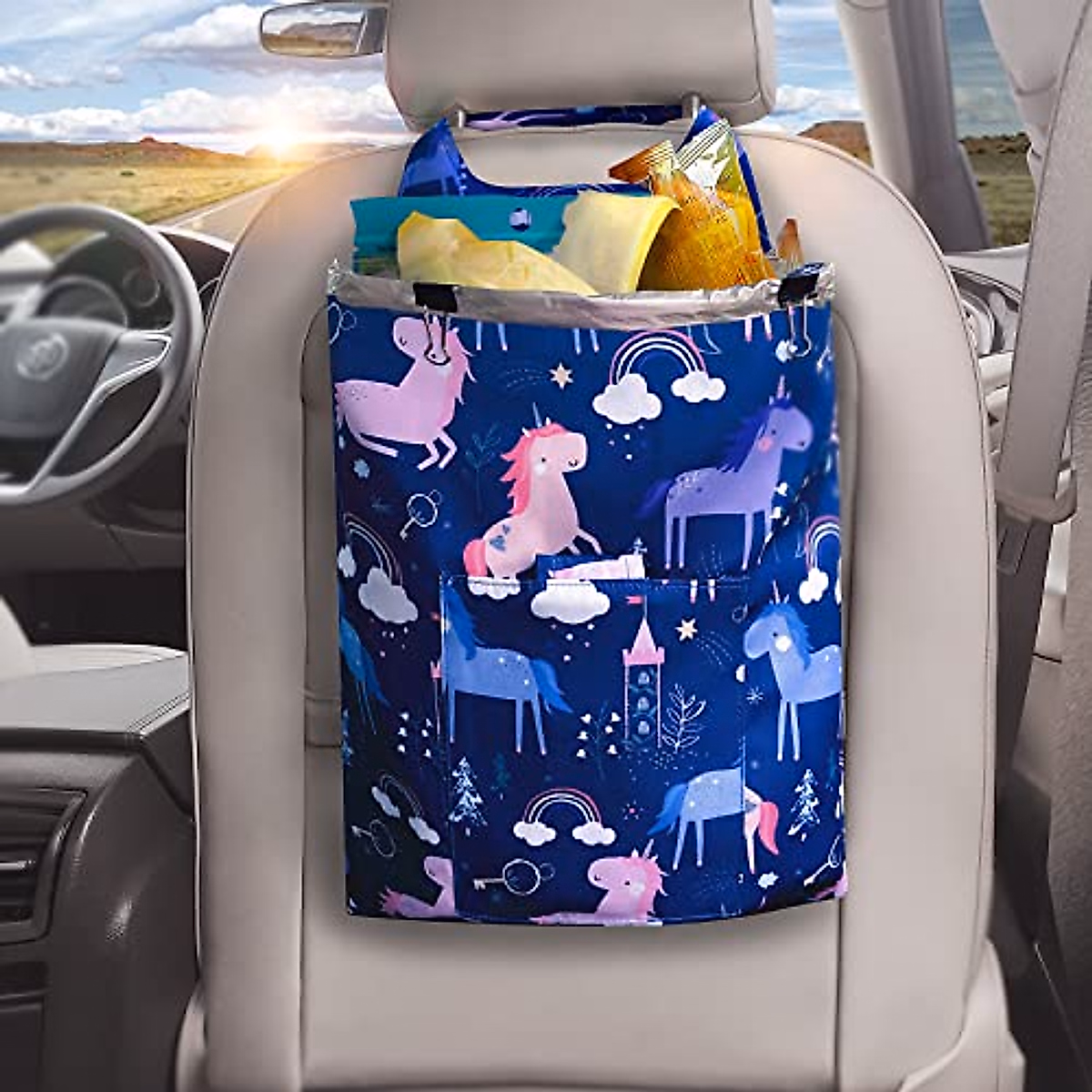 Car Trash Bag Blue, Reusable Vehicle Garbage Organizer Hanging Front Seat Pretty Cute-Unicorn Pattern for Baby Kids, Washable Auto Backseat Litter Rubbish Spill Proof Can with Storage Pocket