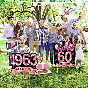 2Pcs Rose Gold 60th Birthday Yard Sign Decorations for Women, 16'' Happy 60th Birthday Waterproof Lawn Signs Decorations with Stakes Made in 1963 Birthday Party Supplies Decor Outdoor