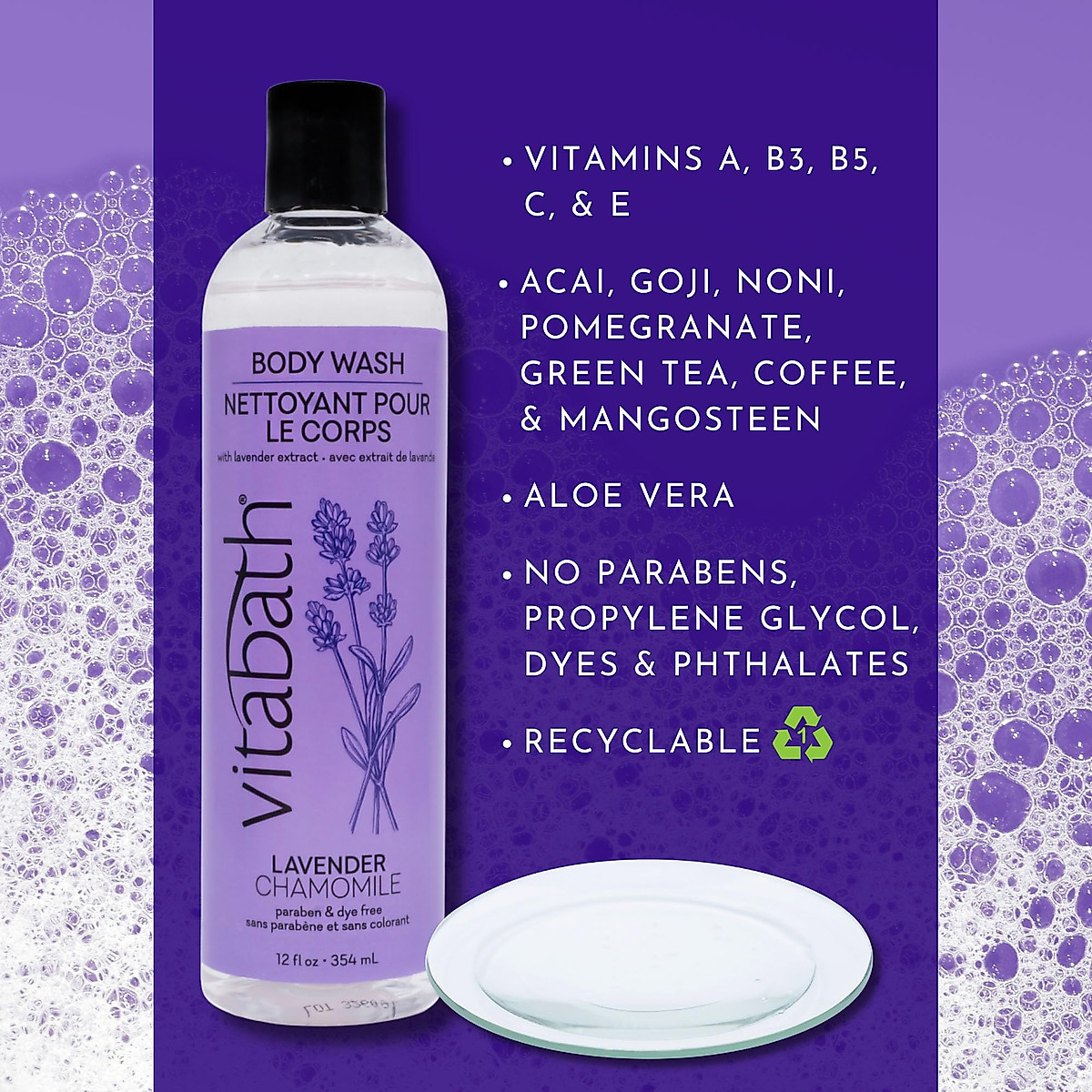 Vitabath Lavender & Chamomile Body Wash Moisturizing Bath & Shower Cleanser & Skincare Radiant Detox & Restore Nourishing Body Polish - Cruelty-Free, Paraben-Free - 12 oz