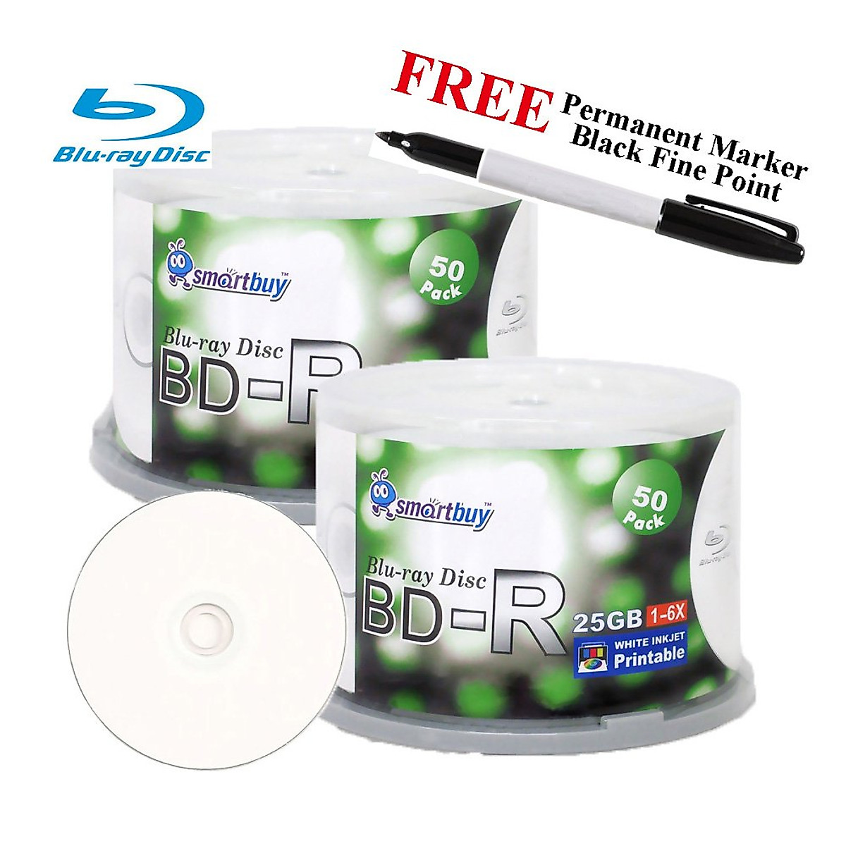 Smartbuy 100-disc 25GB 6X BD-R Blu-Ray White Inkjet Hub Printable Blank Media Disc + Black Permanent Marker