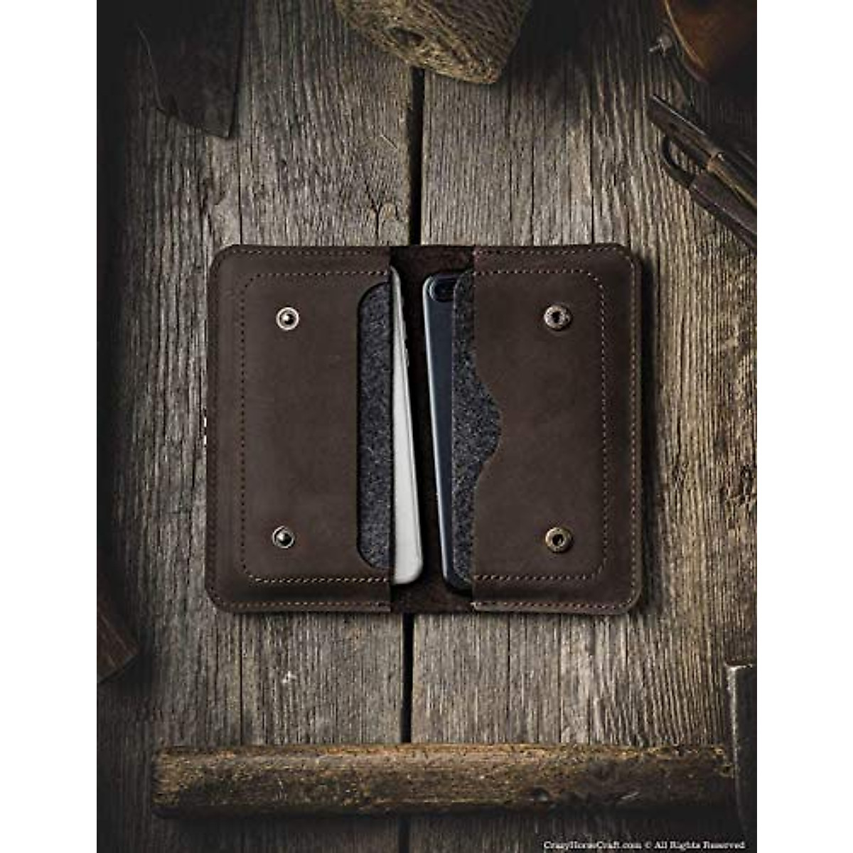 Leather Wallet for iPhone 14 Pro / 14 Plus, 14/13 / 12 Pro Max, 13/12 Mini, Sleeve for Two Phones, Wood Brown, Handmade Phone Cover SE, 12, 11 Pro Max/Xr/Xs/8,7,6s,X Wool Felt, Crazy Horse Craft