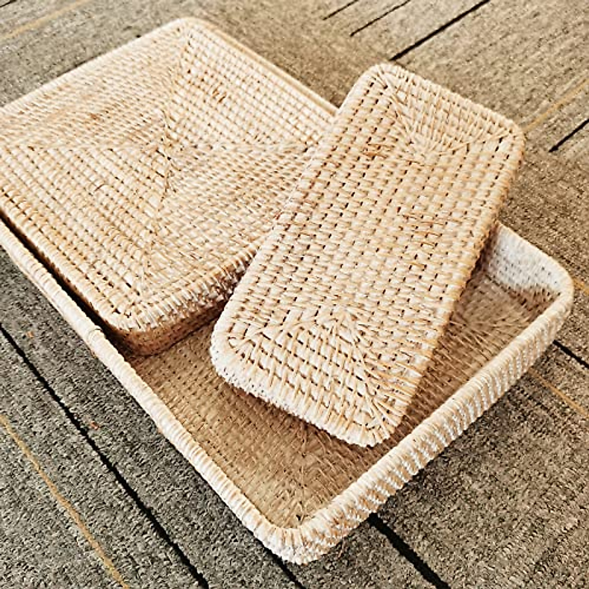 Set of 3 Handmade White Rattan Rectangle Serving Tray Washed White Wicker Serving Organizer Tabletop Fruit Platter with 2”Wall 14 Inch Decorative Bread Drinks Snack Storage Serving Basket Tray