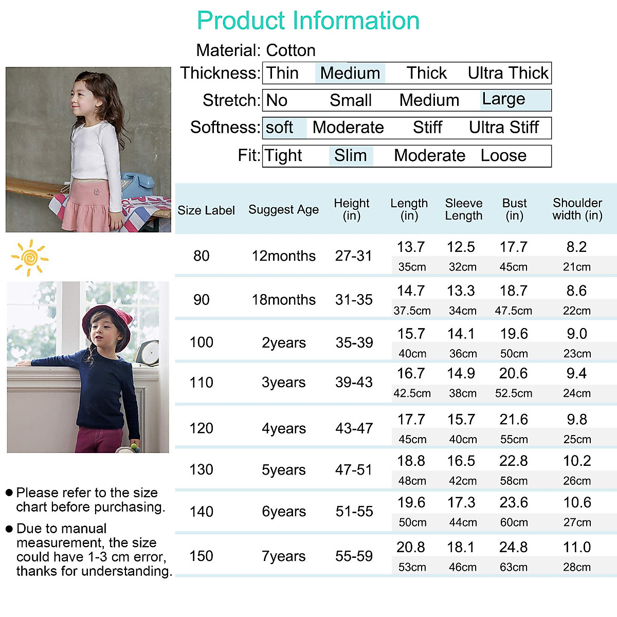 KISBINI Unisex Girls 100% Cotton Long Sleeve T-Shirt Top Tees Dark (6,Green)