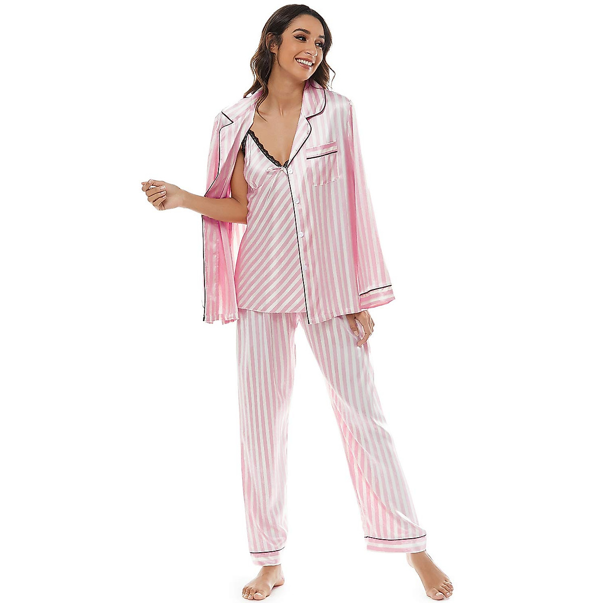 Escalier Womens 5pcs Silk Satin Pajama Set Cami Pjs Sleepwear Button Down Pj Sets Loungewear Pink