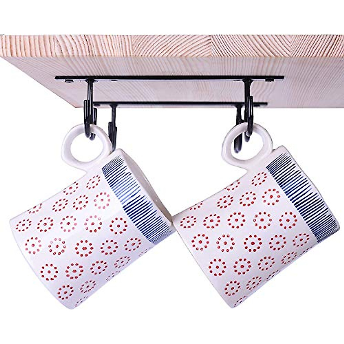 FOLOU Under Cabinet Mug Rack, Rustic Mug Organizer Rack Cup Holder Under Shelf 12 Hanging Hooks Rack for Mugs, Coffee Cups and Kitchen Utensils Display (Black 3 Pack 12 Hooks)