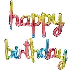 Happy Birthday Balloons Banner 16 Inch Hanging Birthday Balloons 3D Silver Foil Cursive Script Letter Balloons for Kids and Adults Birthday Party Decorations Supplies (Rainbow)