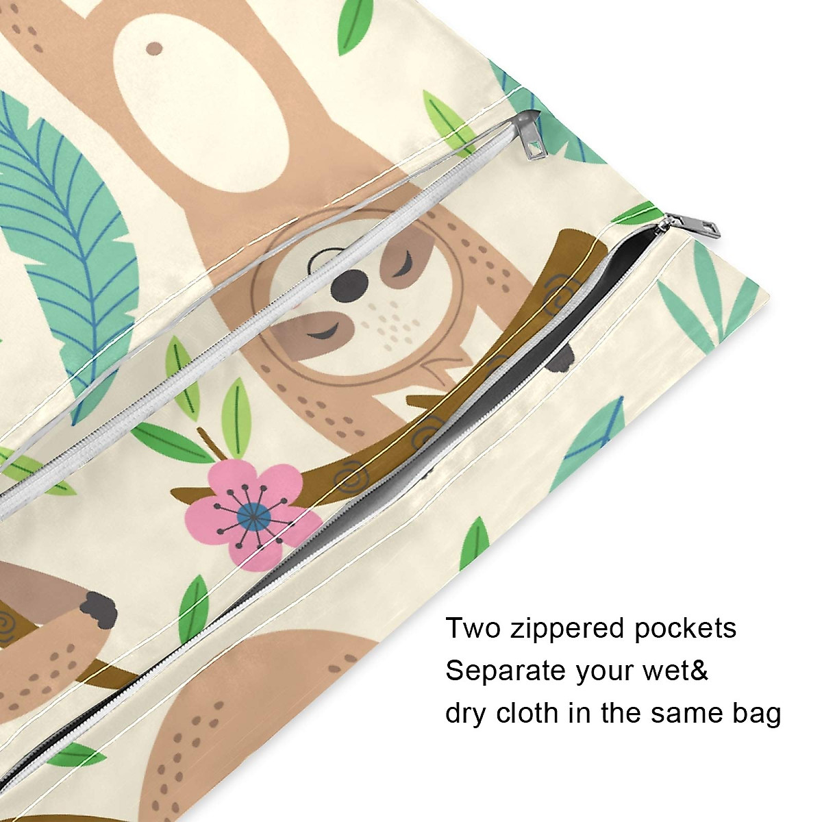 xigua 2PCS Baby Cloth Diaper Wet Dry Bags Waterproof Reusable with Two Zippered Travel Bags Beach Pool Stroller Dirty Gym Clothes Wet Swimsuits - 11.8 x 14.2in (Cute Playing Sloth)