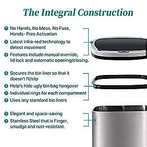 Automatic 13 Gallon Kitchen Stainless Steel Touch Free Trash Can with Lid High-Capacity Waste Bin with Ring Garbage Can for Home Kitchen Bathroom Bedroom Office