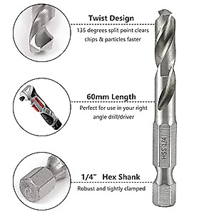 Saipe 5pcs 1/4" Quick Change Hex Shank Metal Stubby Drill Bits Short Drill Bit Set HSS M2 for Right-Angle Drill Attachment and Used in Tight Spaces, 3/32, 1/8, 3/16, 1/4, 5/16-Inch