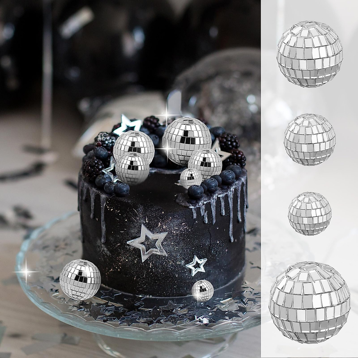 Abeillo 7PCS Disco Ball Cake Topper, Disco Ball Cake Decorations Different Sizes, 70s Disco Themed Dance Party Supplies, Small Disco Balls for Cake Dessert Christmas Party Ornament (Silver)