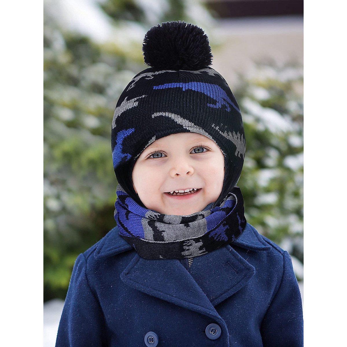 Baby Boy Hat Scarf Mittens Set Winter Warm Hat Knitted Beanie Gloves Toddler Fleece Mittens Earflaps (Navy Blue, Grey, Light Blue, 4-5 Years)